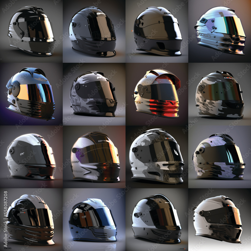 Large grid of motorcross motorsports high speed helmet design renders ...