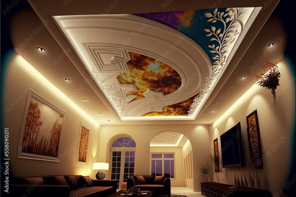 False ceiling made of plasterboard, in a sophisticated and stylish ...