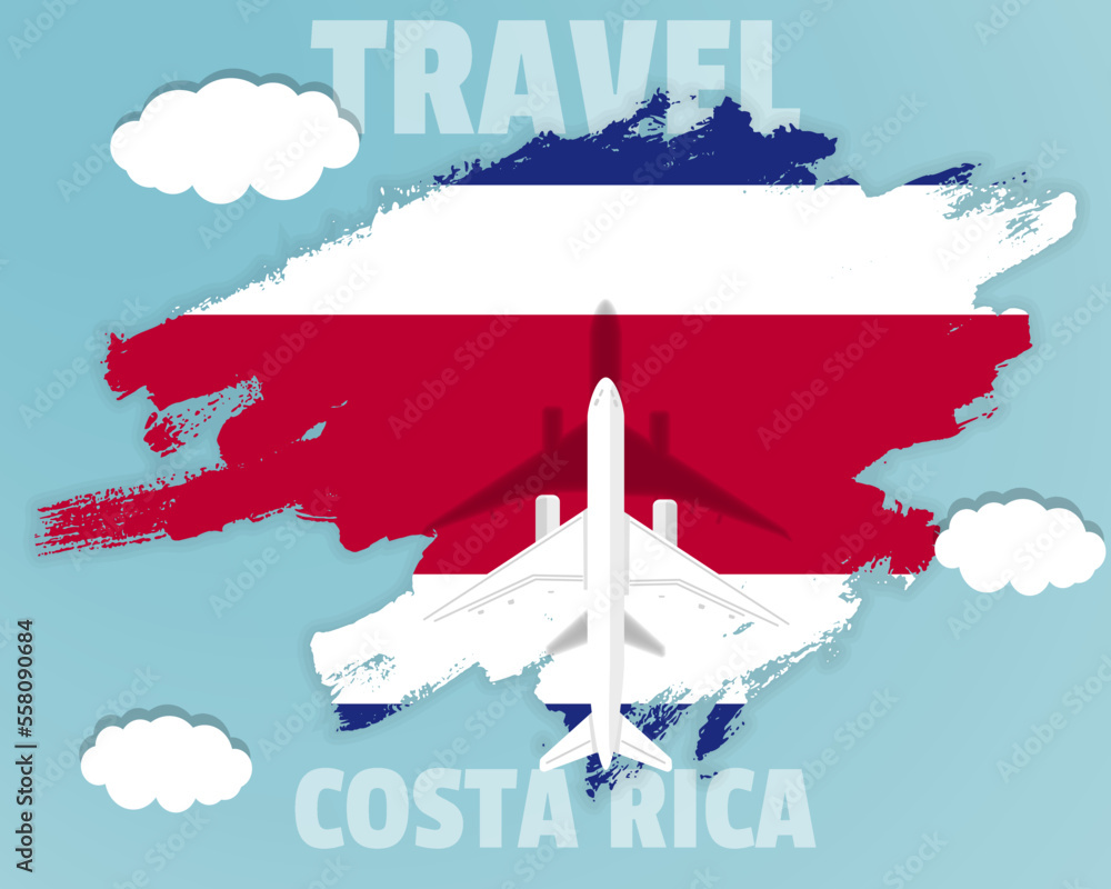 Traveling to Costa Rica, top view passenger plane on Costa Rica flag ...