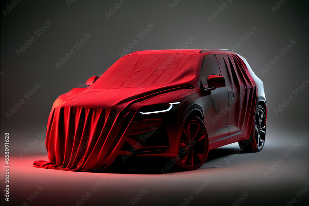 The SUV car is covered with red cloth on a black background. 3d ...