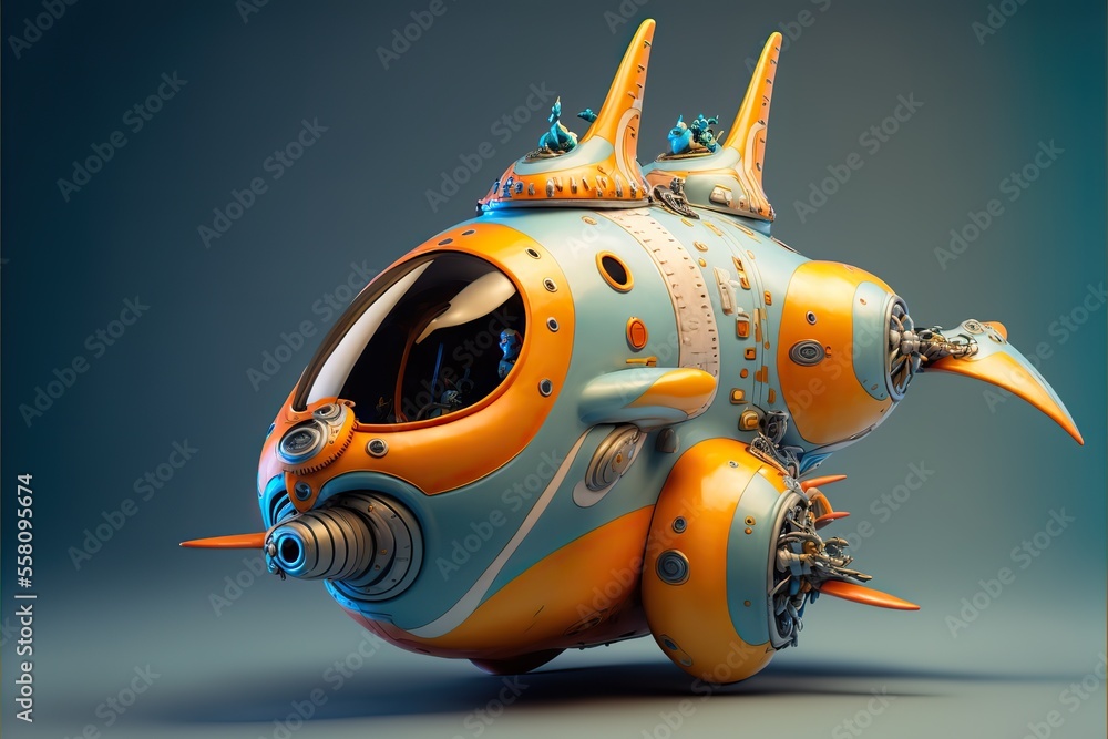 Alien gunship in orange color. Isolated. Cartoon style concept ...