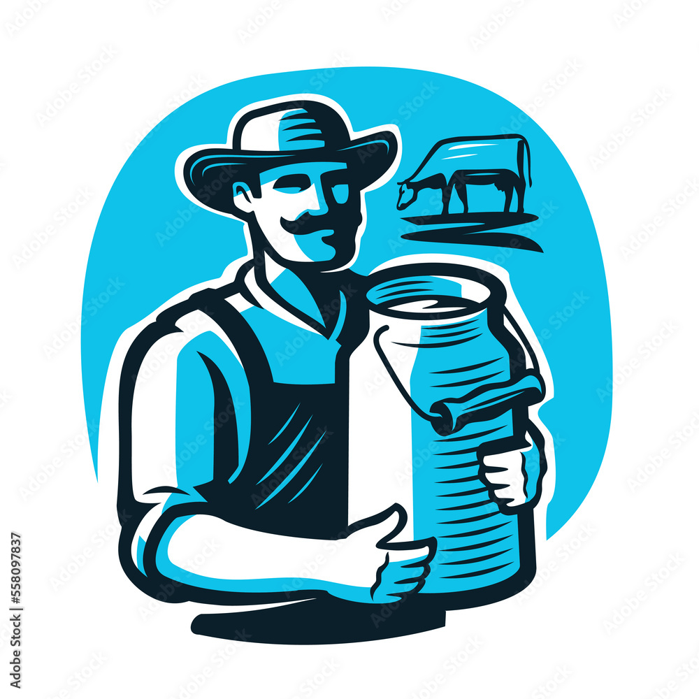 Farmer with milk can, emblem. Dairy farm, milkman, dairyman logo ...