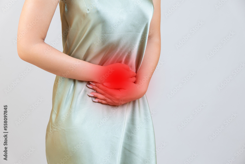 Menstrual pain, woman with stomachache suffering from pms ...