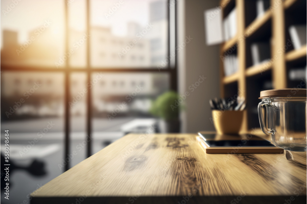 Wooden desk on blurred office interior background Stock Illustration ...
