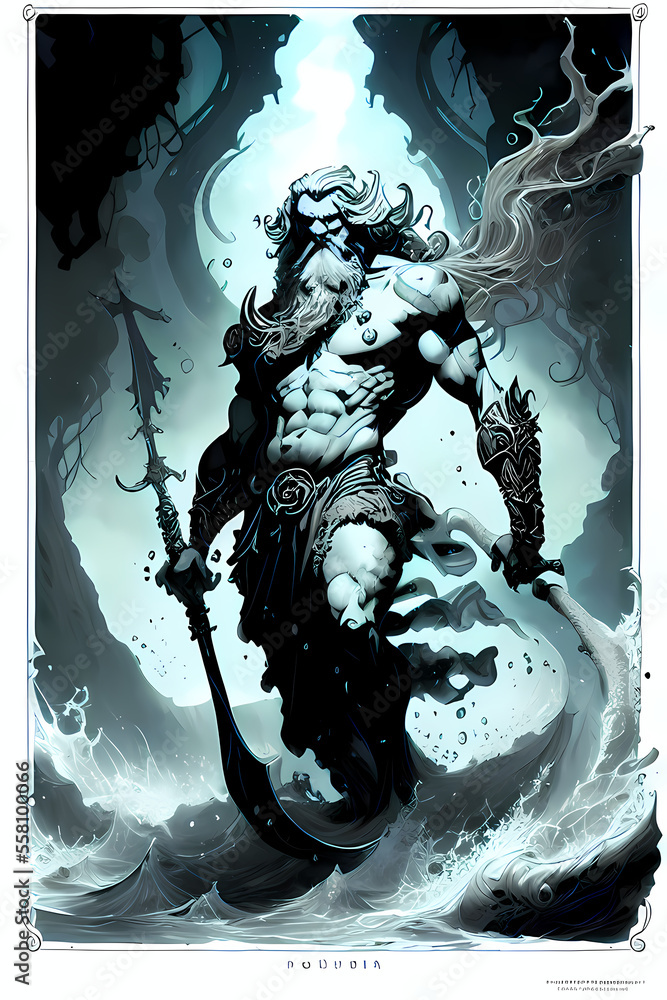 A fantasy board game card/colouring book page: Poseidon, a greek god of ...