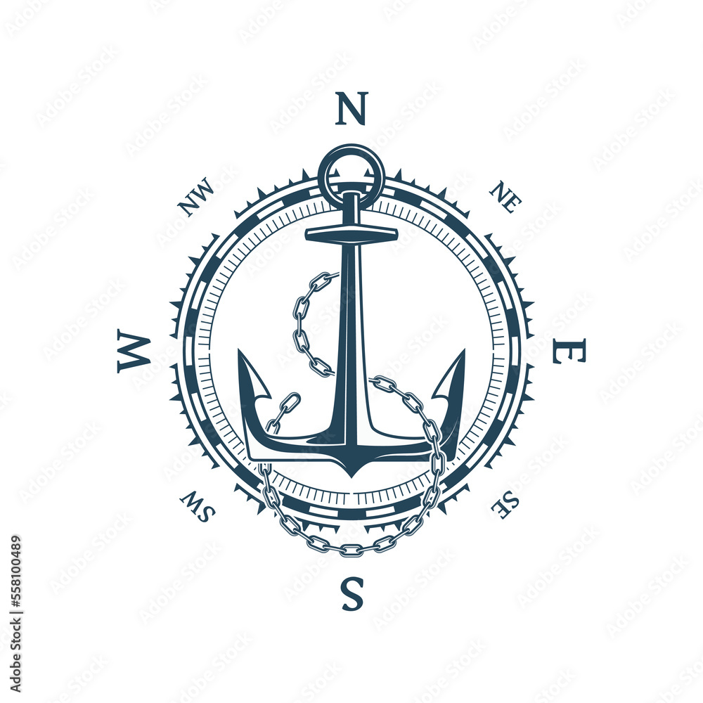 Wind rose with anchor. Nautical compass icon isolated on white ...