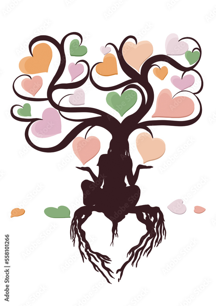 illustration of a tree of life with a woman meditating. Inspiration ...