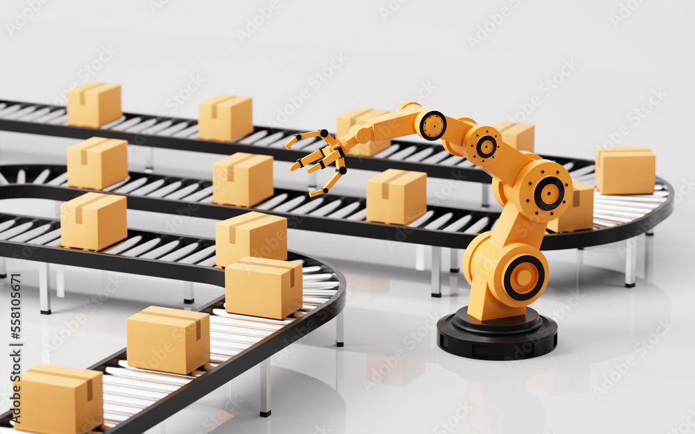Mechanical arms carry boxes, Assembly line and mechanical operation, 3d ...