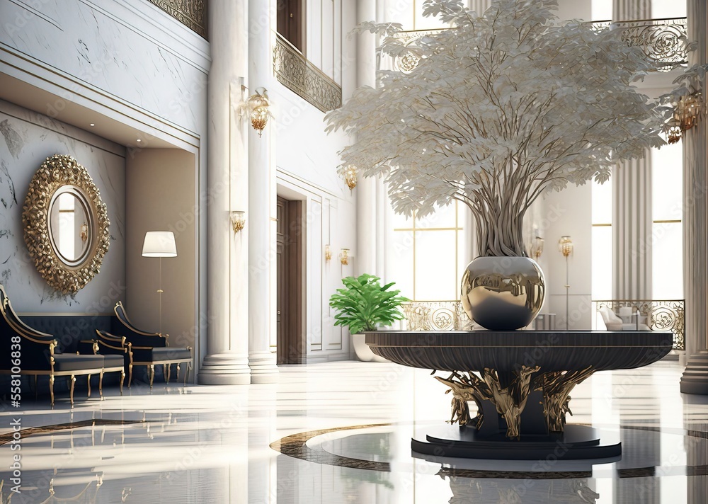 4K resolution or higher, luxury hotel lobby reception. Generative AI ...