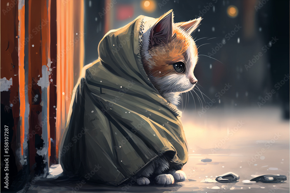 Cute homeless cat gets wet in the rain outside. AI generated Stock ...