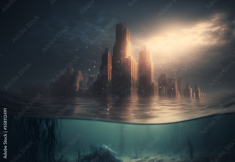 An abstract background of a city underwater due to rising sea levels ...