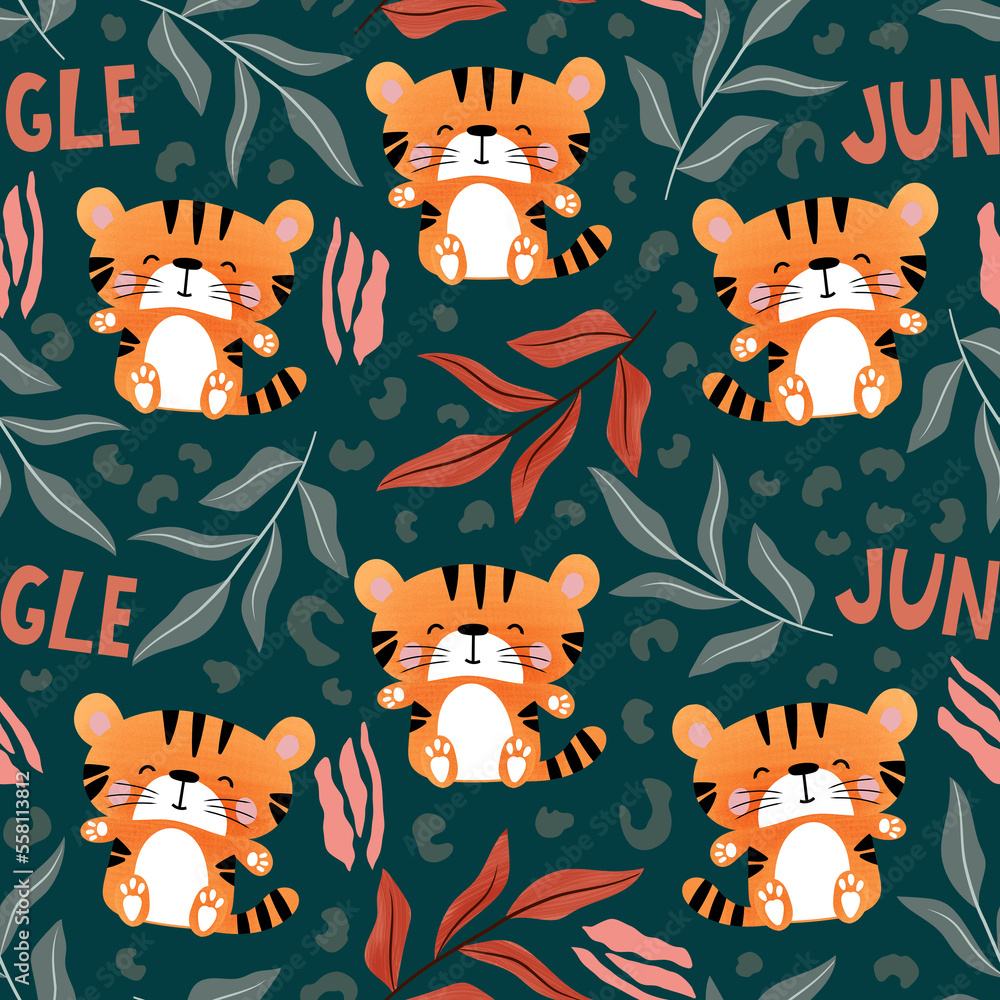 Cute little tiger seamless pattern, Tiger nad jungle repeat print, Cute ...