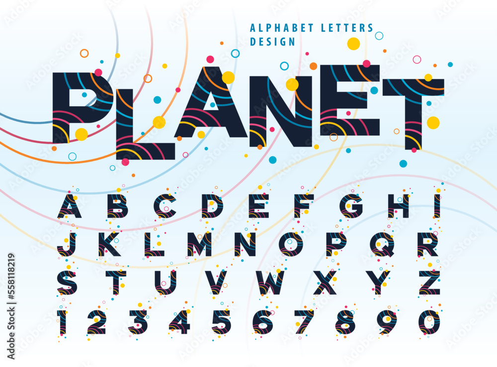Vetor de Abstract Colorful Circles Planet inside Alphabet Letters and ...