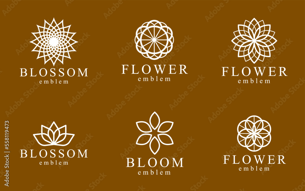 Flower in geometric linear style vector emblems set, blossoming flower ...