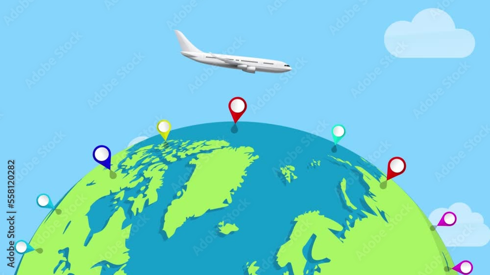 Voyage Airplane Flying over Earth Planet Cartoon Animation with Many ...