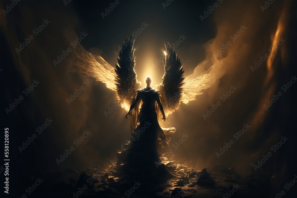Lone silhouetted winged angelic figure with darkness illuminated by the light of the divine ...