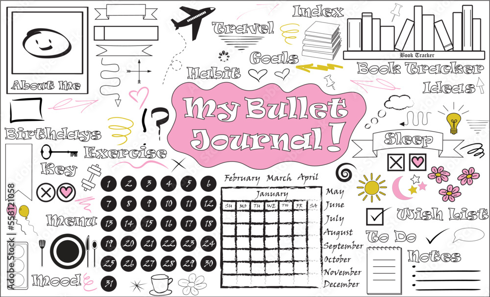 Bullet Journal vector graphics for tracking mood, travel, notes, ideas ...
