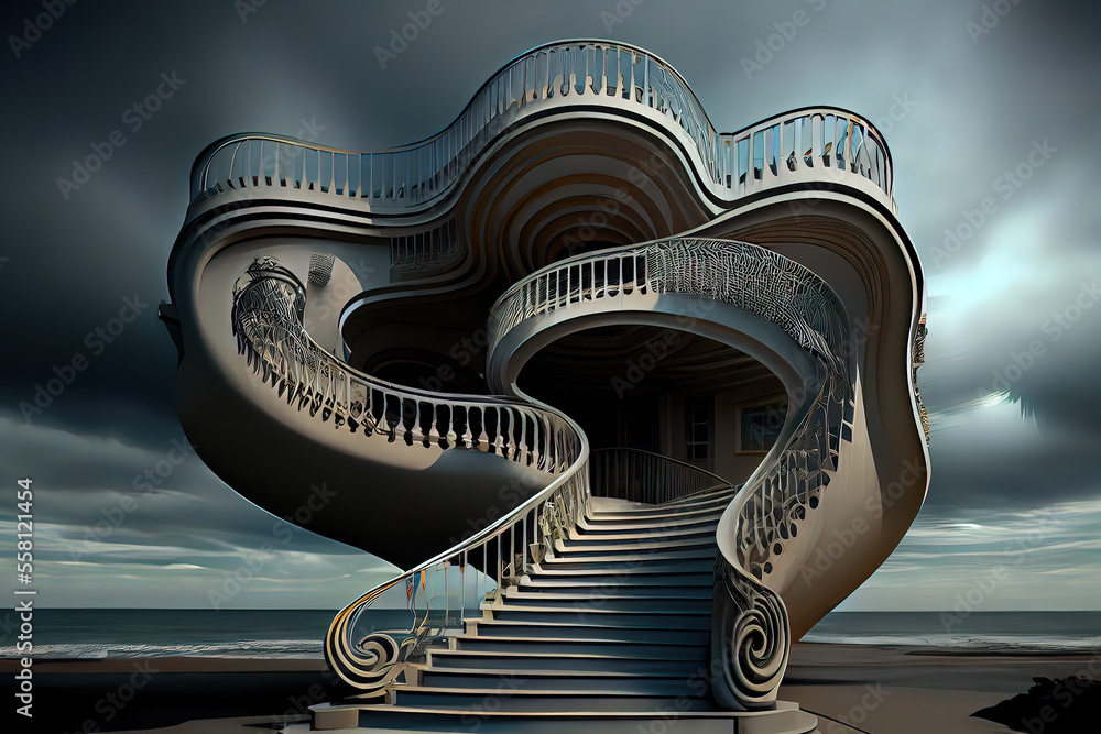 Surreal concrete twisted ladders. A world with fantastic architecture ...