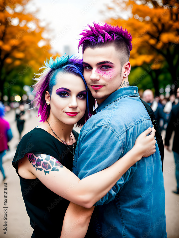 Fictional People, Young alternative couple, skaters, Hugging in a City ...