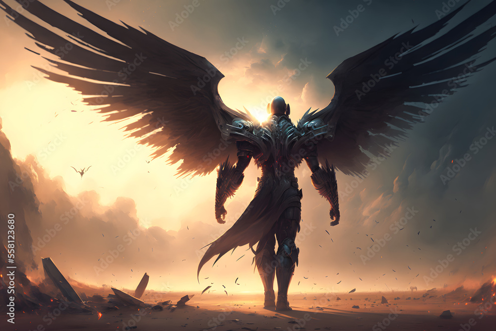 Battle archangel warrior in armor. Big wings on his back, Angel of ...