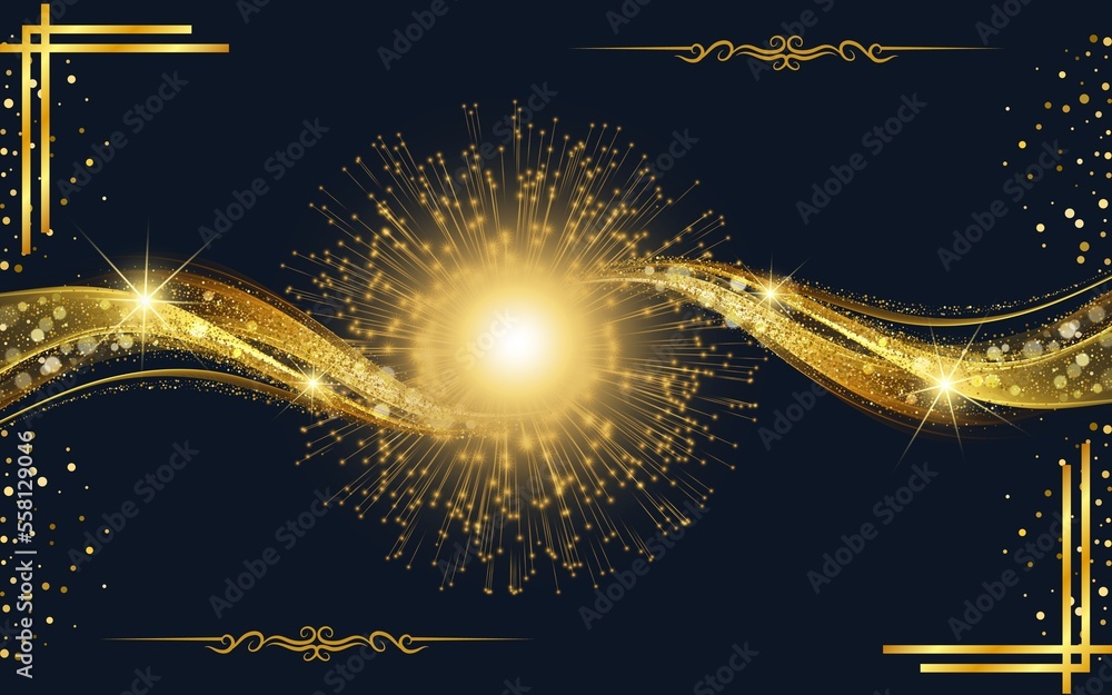 luxury golden light circle and ribbon with golden lines on darkblue ...