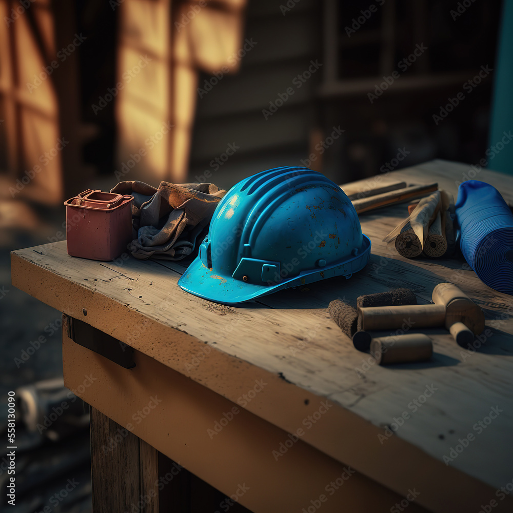 A blue safety helmet or hardhat, construction worker PPE, is placed on ...