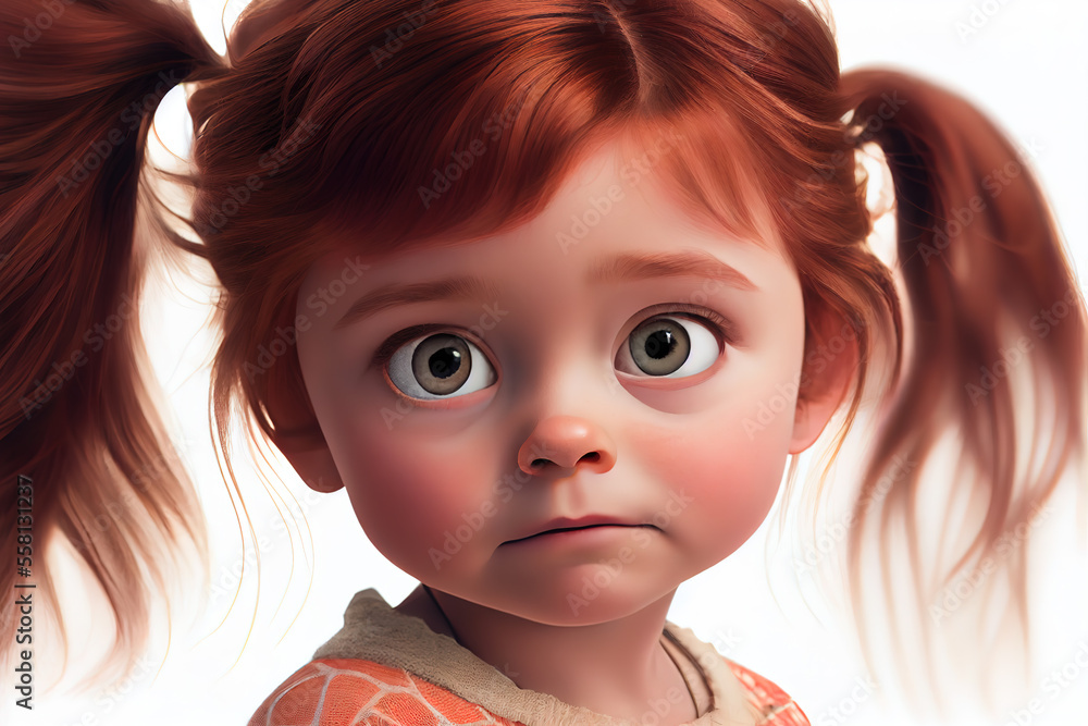 Redhead cute girl with big eyes in cartoon style. Children's character ...
