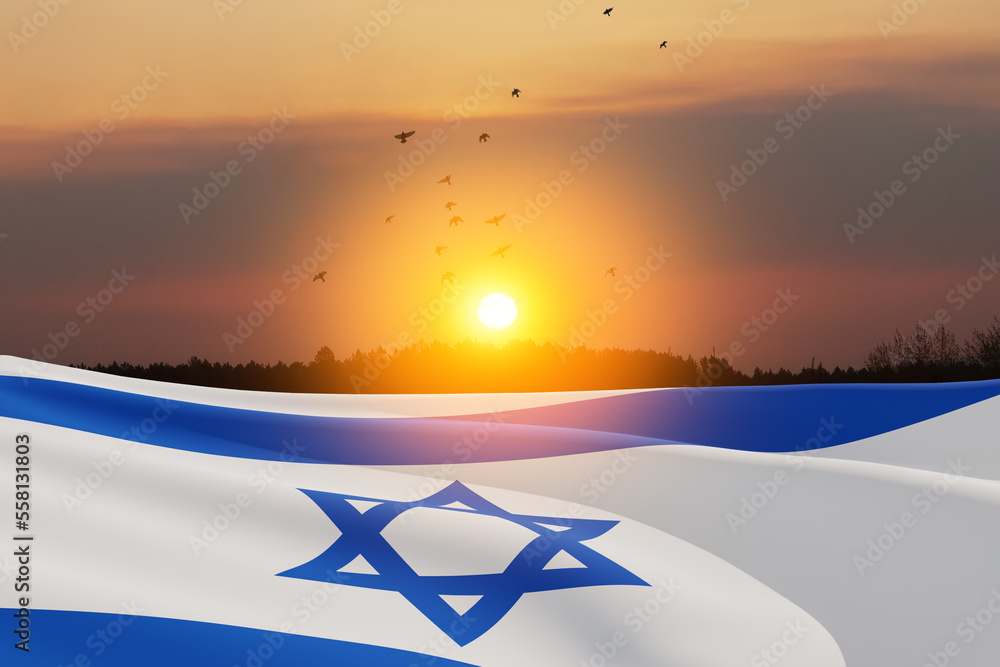 Israel flag with a star of David over cloudy sky background with flying ...