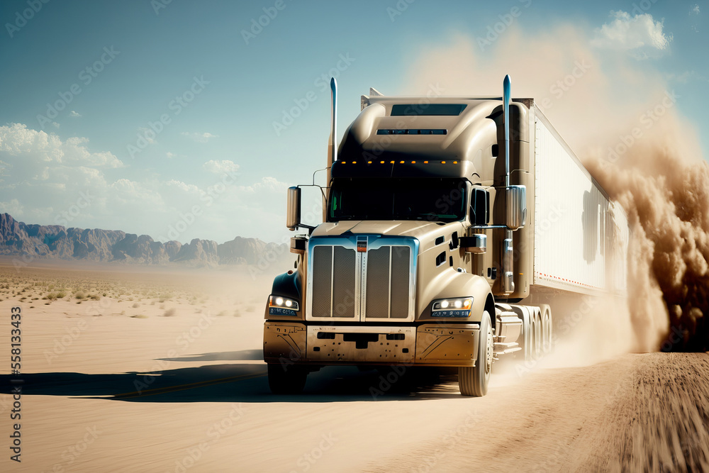 Semi truck driving fast on long road with desert landscape. Transportation and delivery concept ...