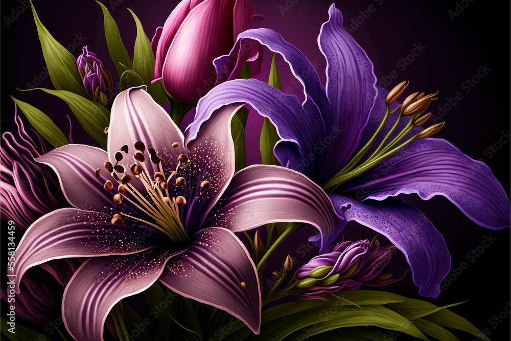 Purple lily flowers background. Generative AI. Stock Illustration ...
