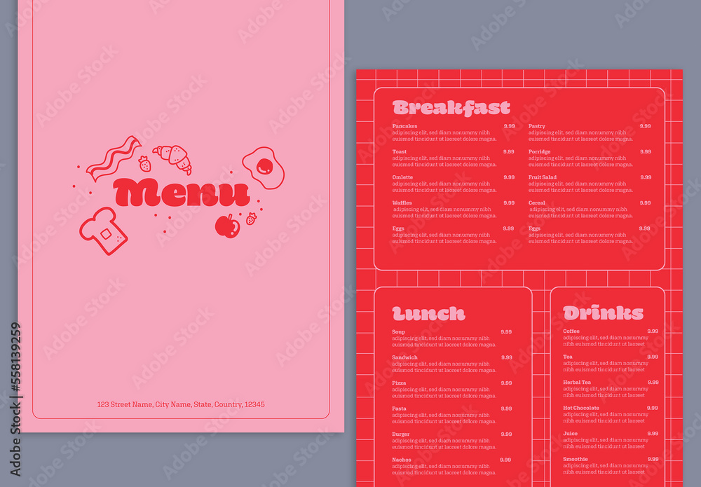 Pink and Red Menu with Illustrations Stock Template | Adobe Stock