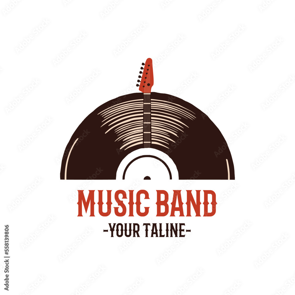 Music band logo template with guitar and vynil plate. Disco 80s emblem ...