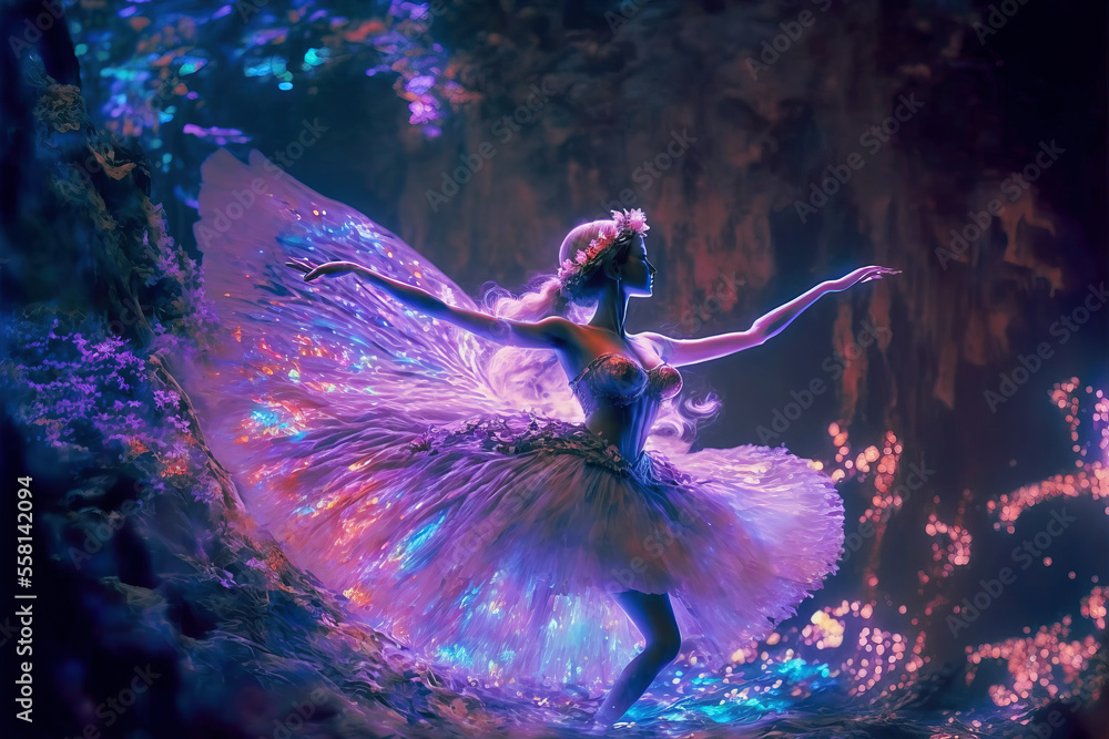 Dancing fairy in an enchanted magical forest. Digital artwork Stock ...