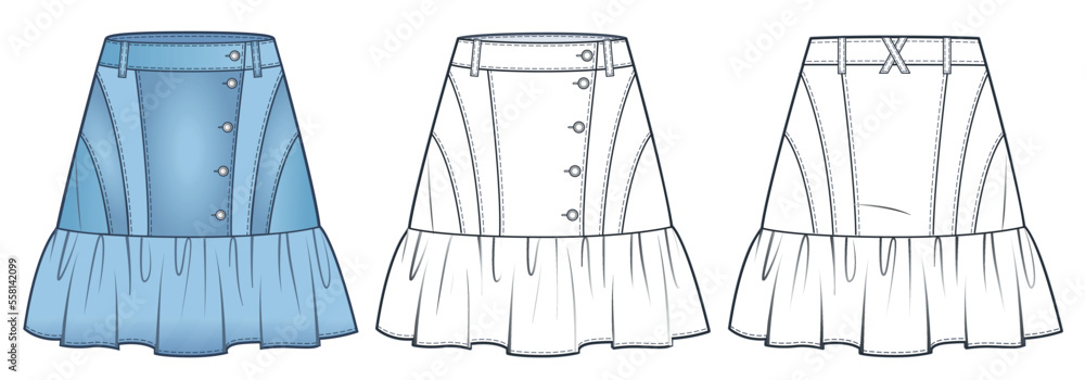 Denim Skirt technical fashion illustration, blue design. Jeans Skirt ...