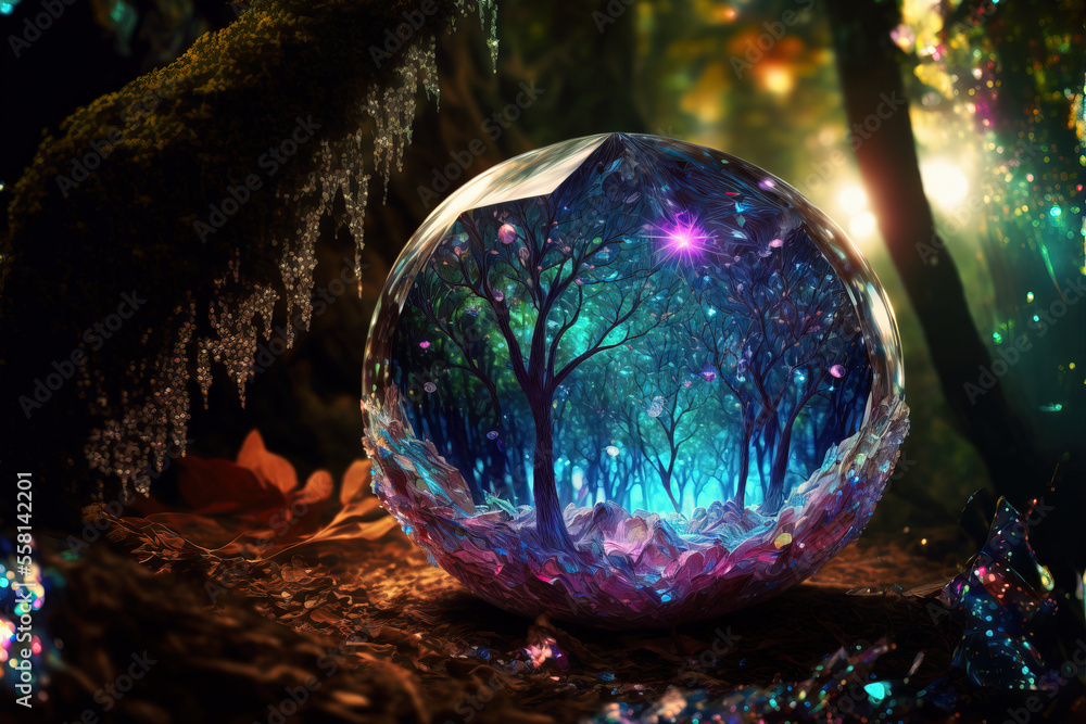 Mystic magic forest in a drop of water with magical luminous plants ...