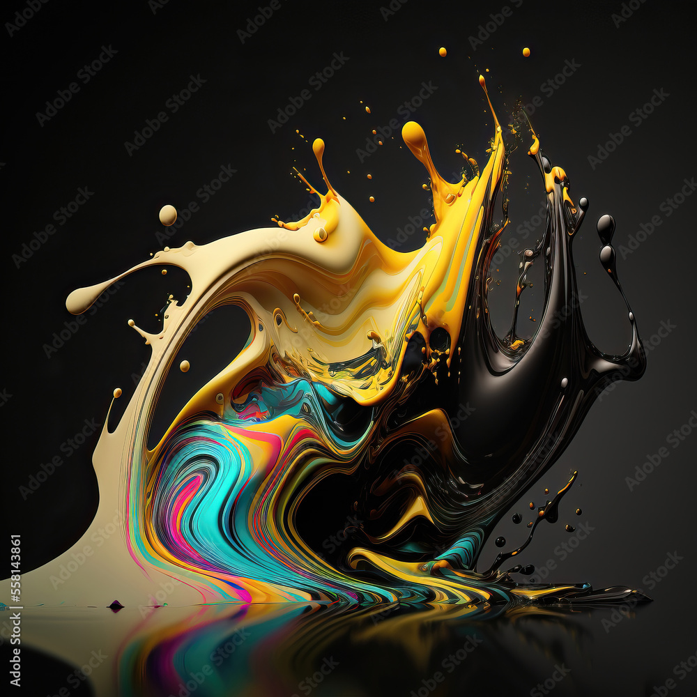surreal abstract art of gloss black, white and gold paint flows and ...
