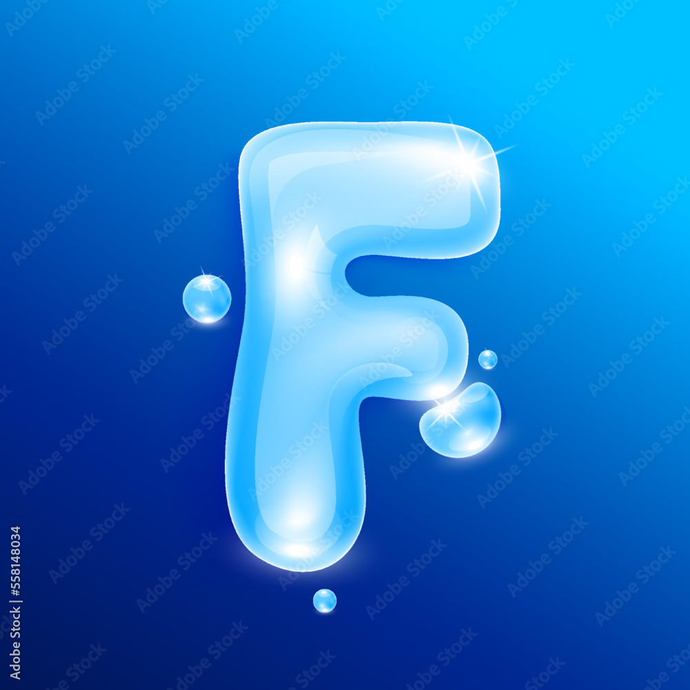 Water alphabet letter F. Font type uppercase letters isolated on blue ...