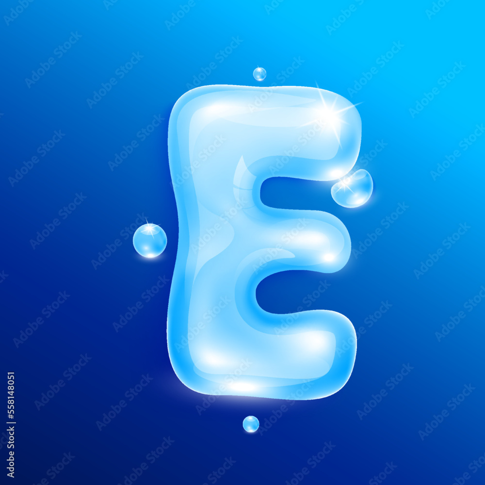 Water alphabet letter E. Font type uppercase letters isolated on blue ...