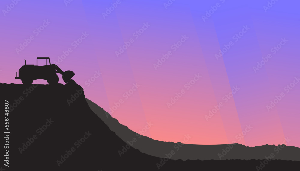 Bulldozer at the construction site on purple background.Vector ...