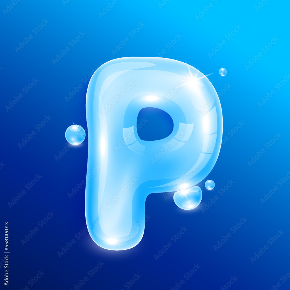 Water alphabet letter P. Font type uppercase letters isolated on blue ...