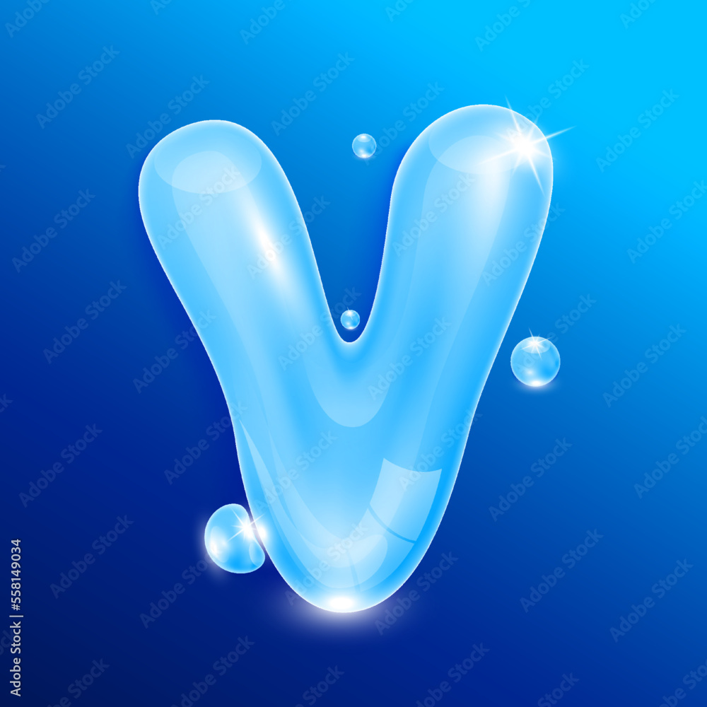 Water alphabet letter V. Font type uppercase letters isolated on blue ...