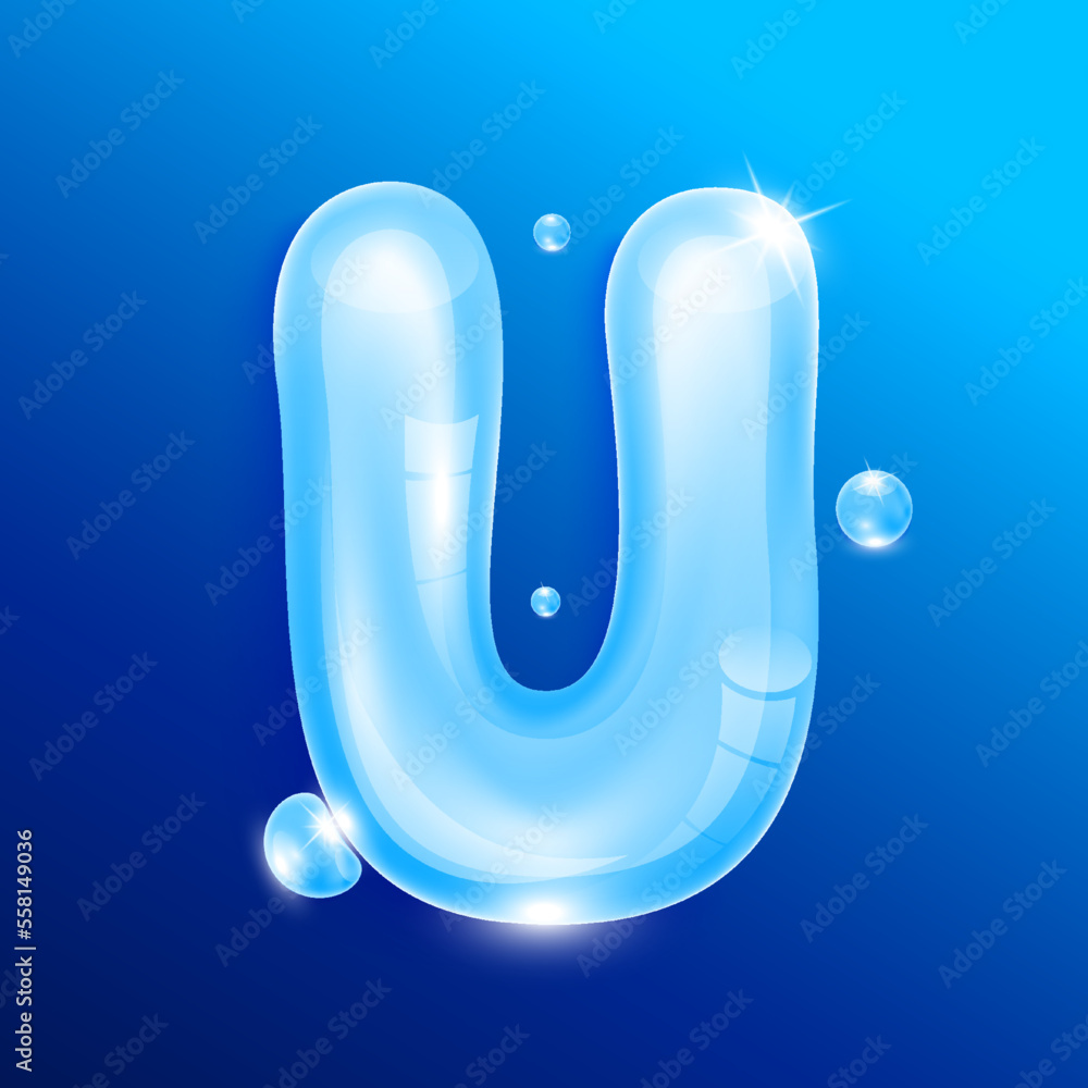 Water alphabet letter U. Font type uppercase letters isolated on blue ...