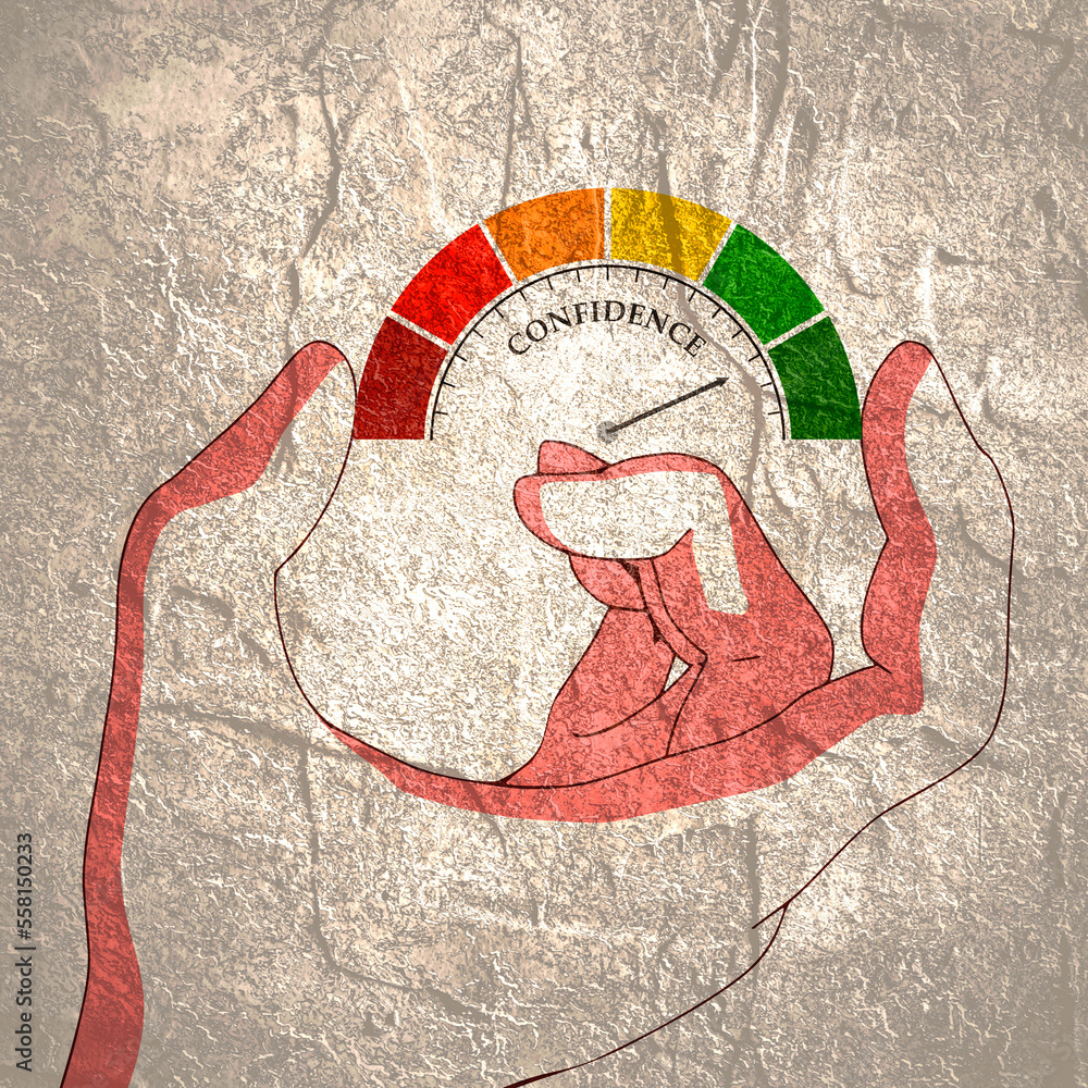 Hand holding confidence level scale with arrow. The measuring device ...