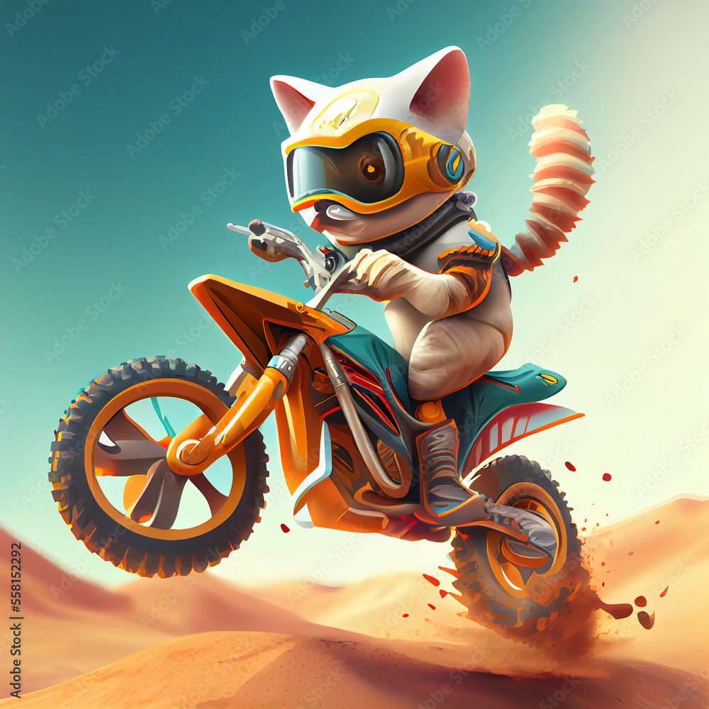 Cartoon Cat on a dirt bike ai art Stock Illustration | Adobe Stock
