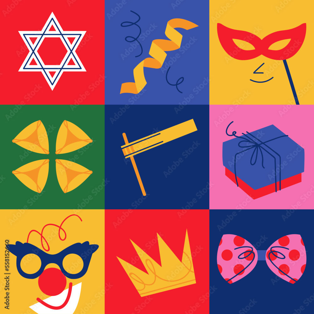 Vector background with carnival symbols and traditional Jewish items ...