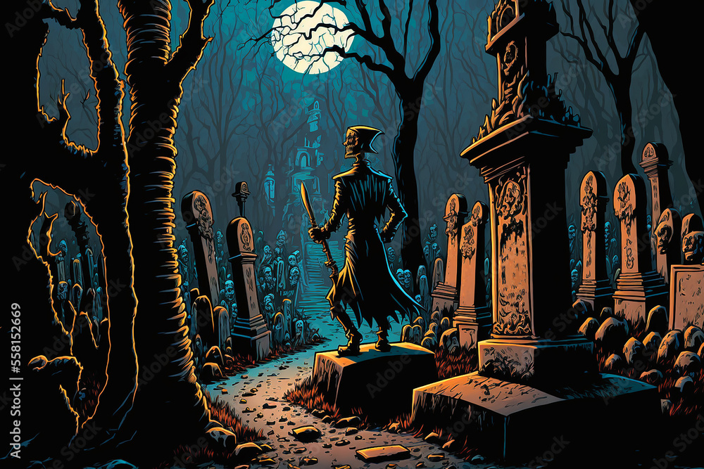 zoom background, old cemetery filled with monsters on Halloween night ...