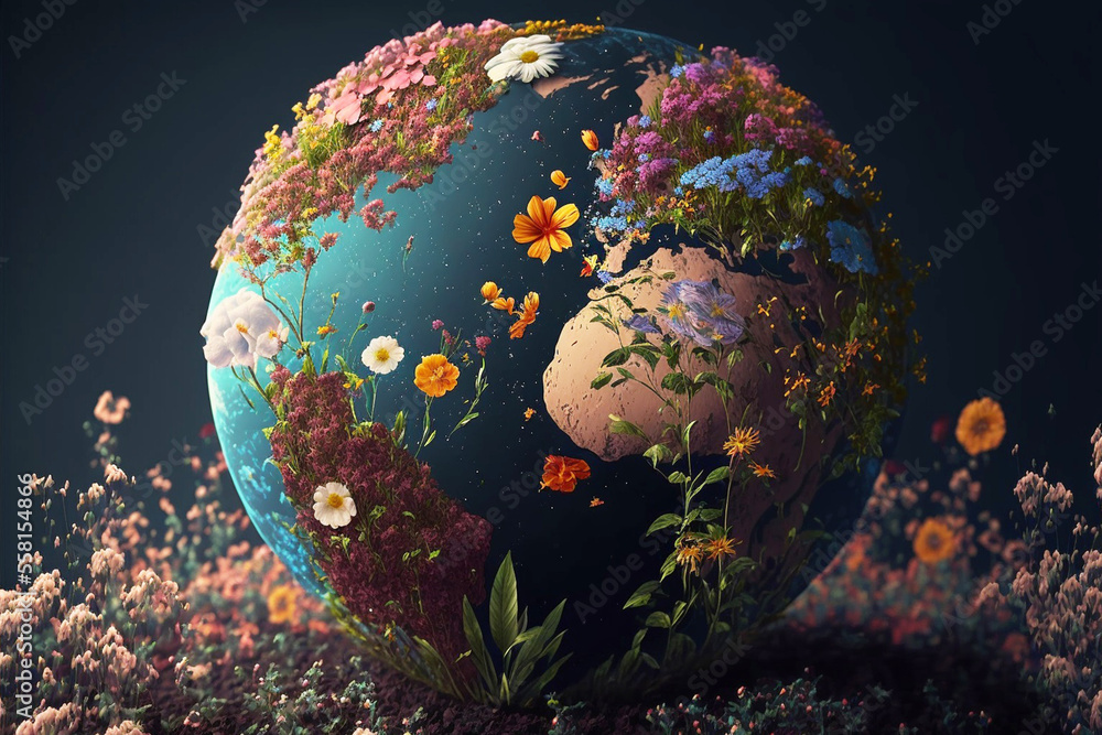 beautiful planet earth made of flowers and sprouting plants, save the ...