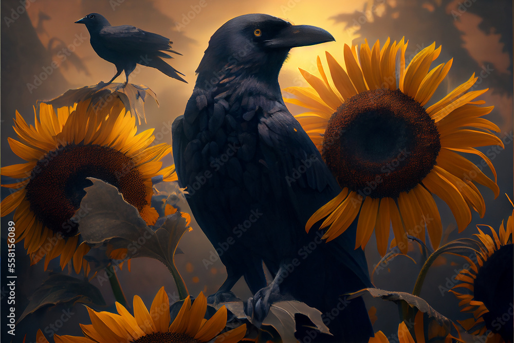 Crows and sunflowers ai art Stock Illustration | Adobe Stock