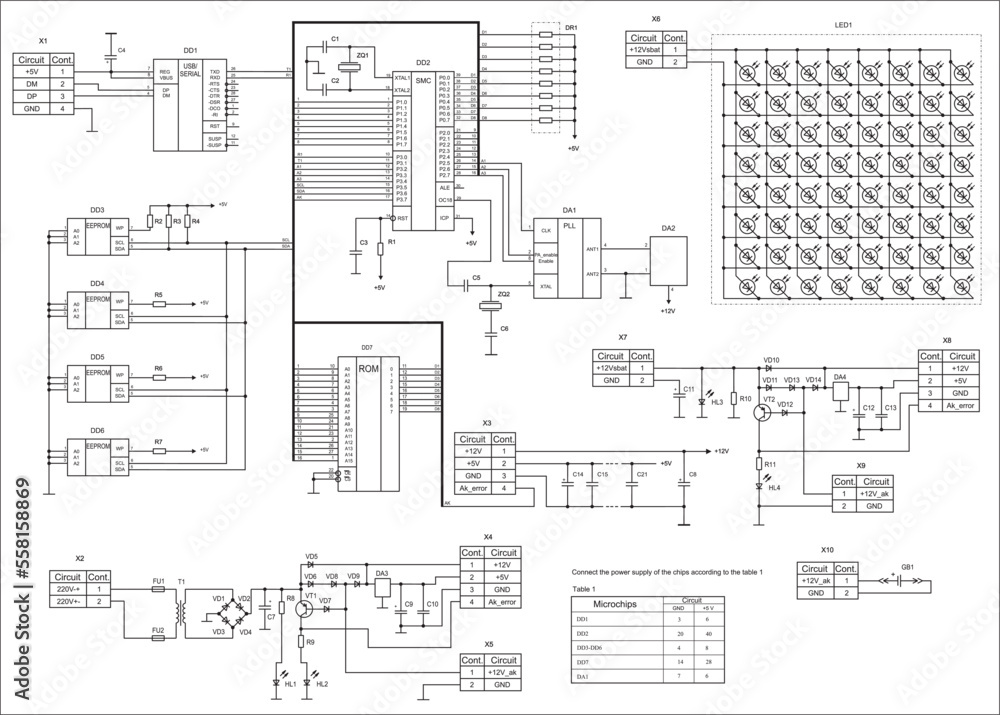 Vector Drawing Of An Electrical Schematic Diagram Of An Electronic Device Operating Under The