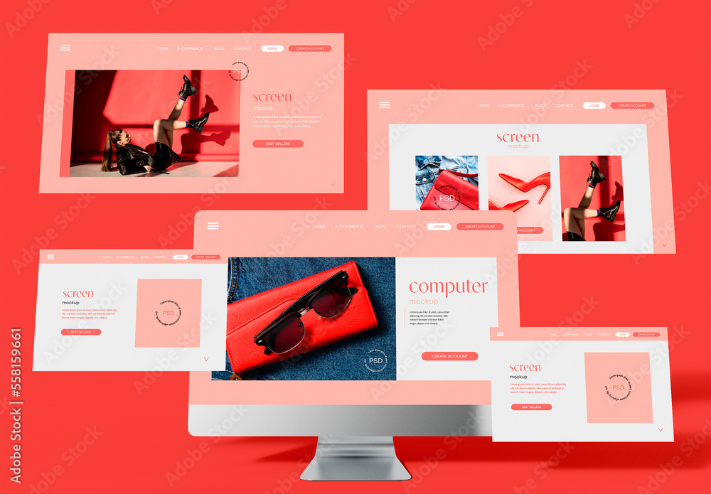 Computer with Four Floating UI Screen Mockup Stock Template | Adobe Stock